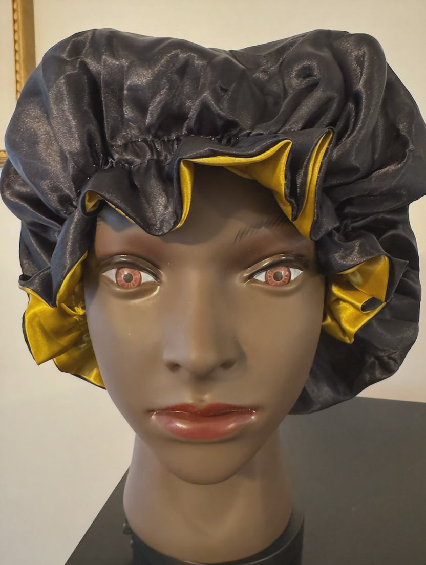 Black and Gold Bonnet with Logo – Nadine’s Bonnet Boutique